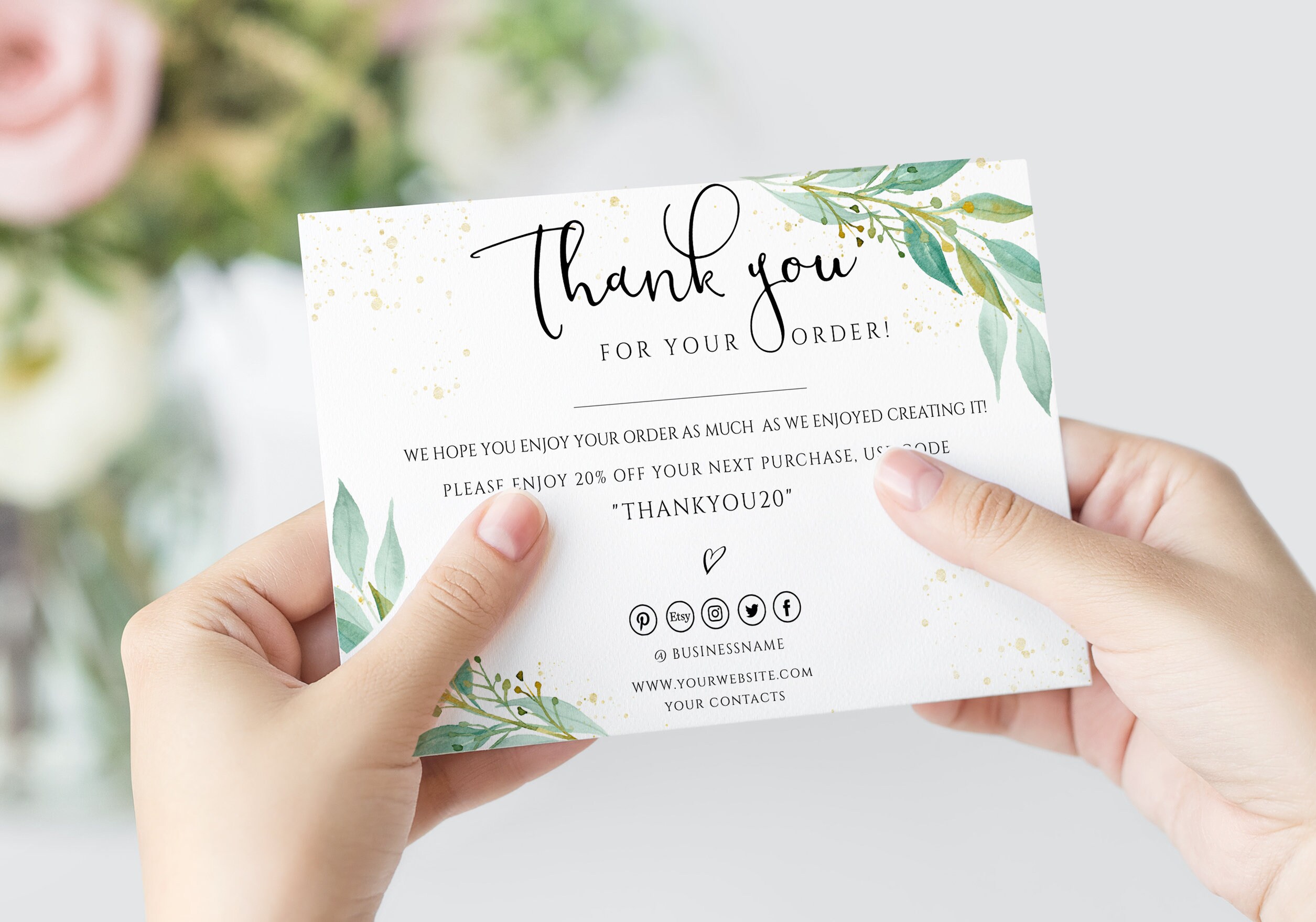 Greenery Thank You Insert Card Template Editable Etsy Promo | Etsy