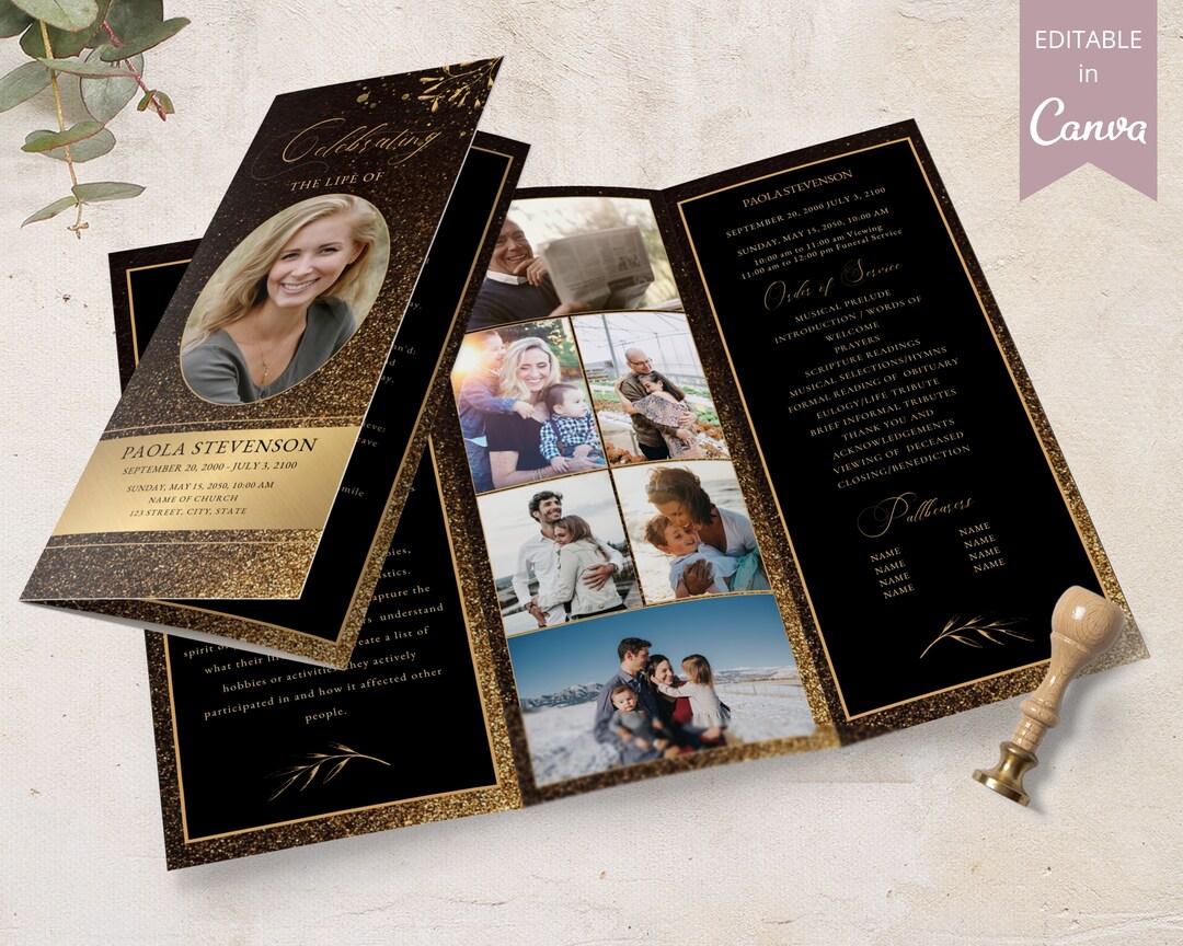 Editable Canva Trifold Funeral Program Template, Black and Gold Funeral ...