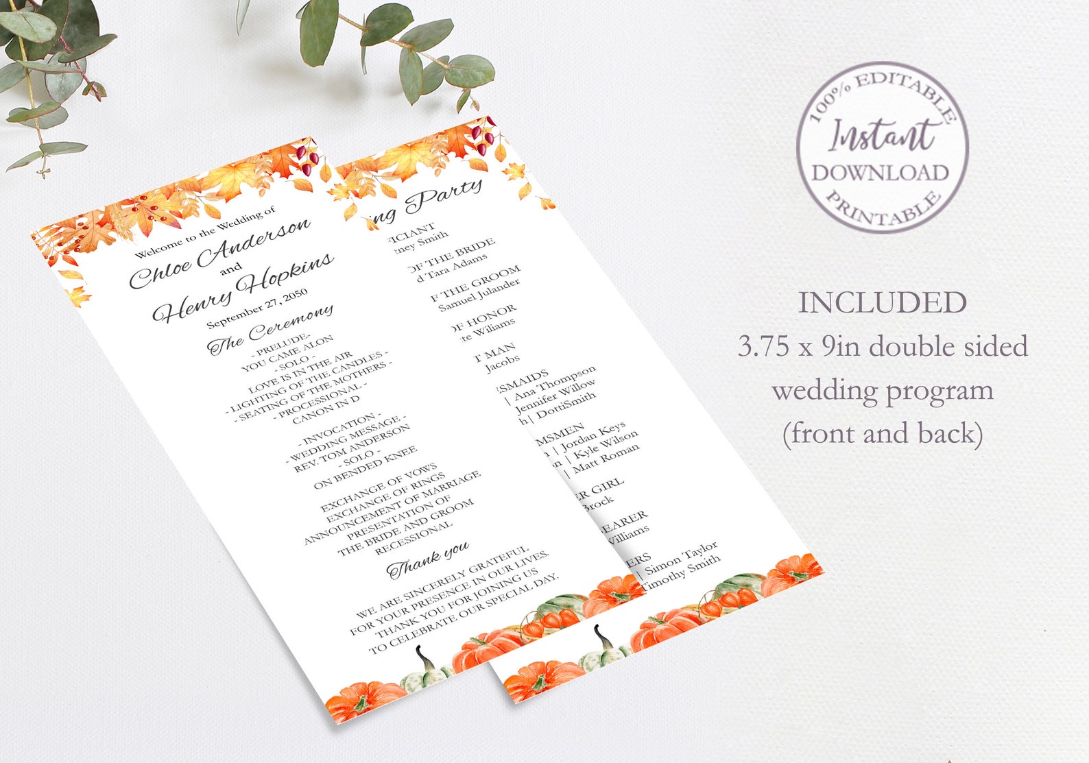 Fall Wedding Program Template Editable Autumn Program Fan - Etsy