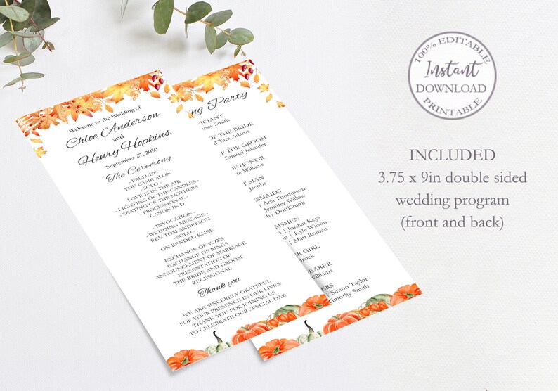 Fall Wedding Program Template Editable Autumn Program Fan - Etsy