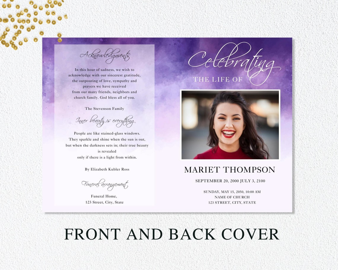 Purple Funeral Program Template, Canva Template Printable, Editable Bi ...