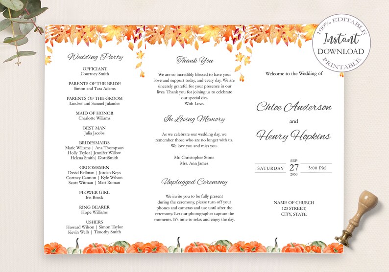 Fall Wedding Program Fan Printable Ceremony Programs Wedding | Etsy