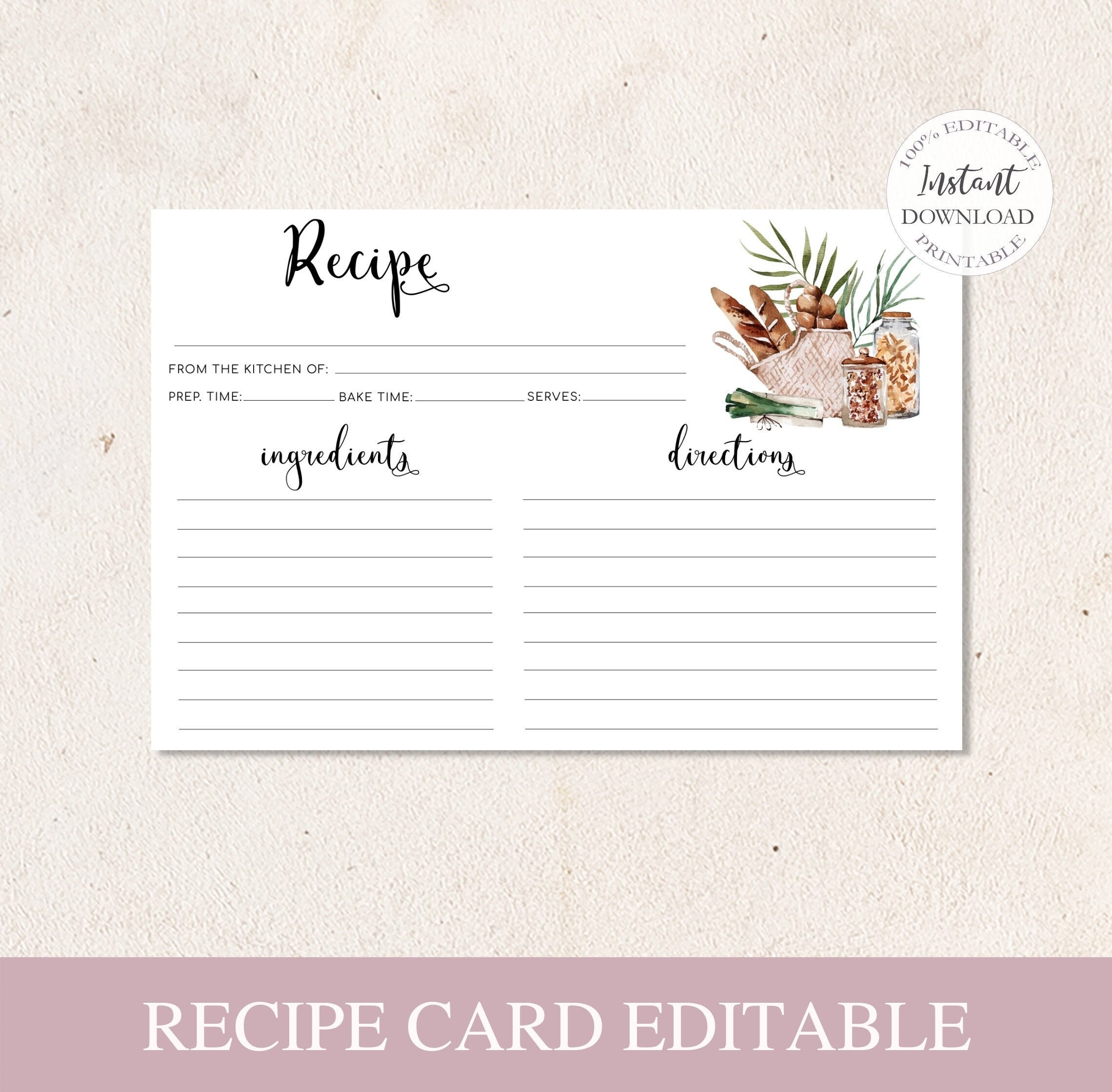 Recipe Card Template Editable Printable Recipe Cards 4x6 | Etsy