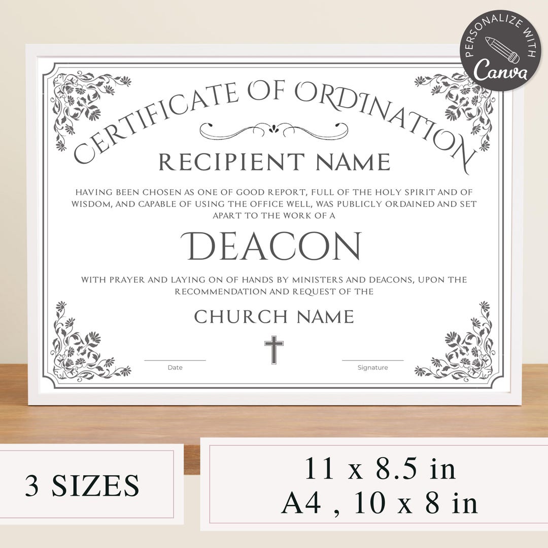 Editable Deacon Ordination Certificate | Minister License Canva ...