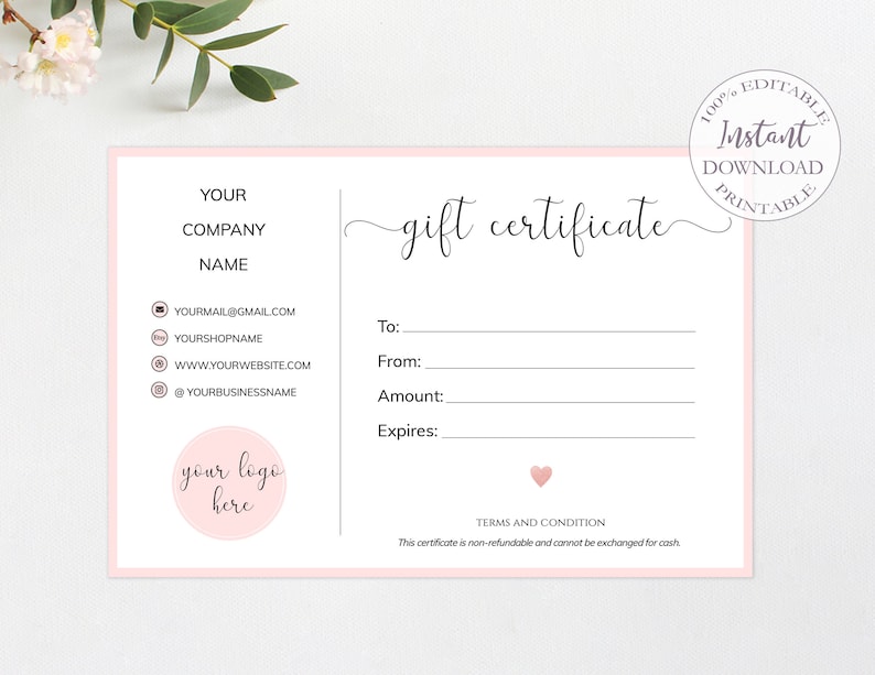 Gift Certificate Template Editable Etsy Gift Card Printable | Etsy