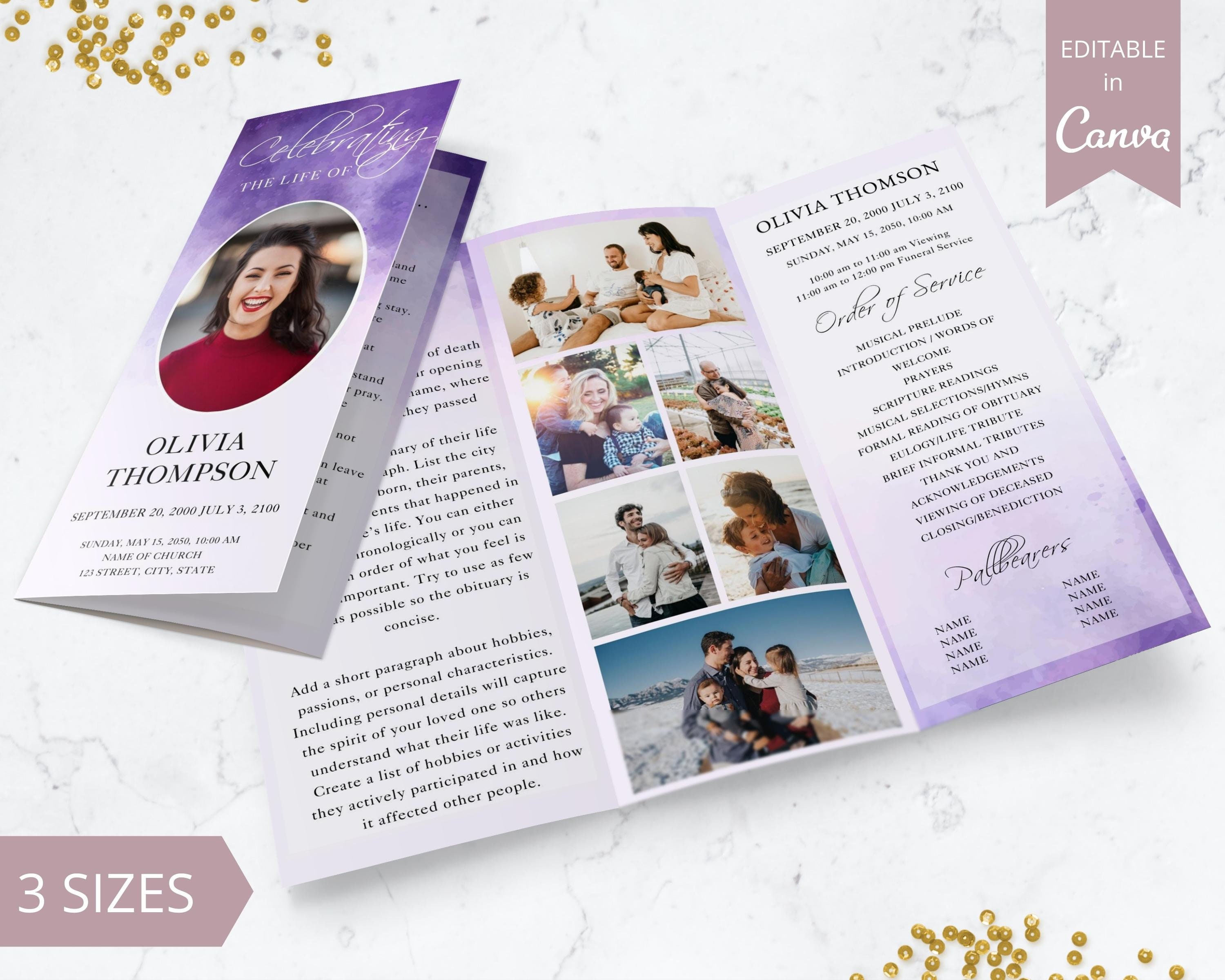 Purple Funeral Program Editable Trifold Funeral Program for - Etsy