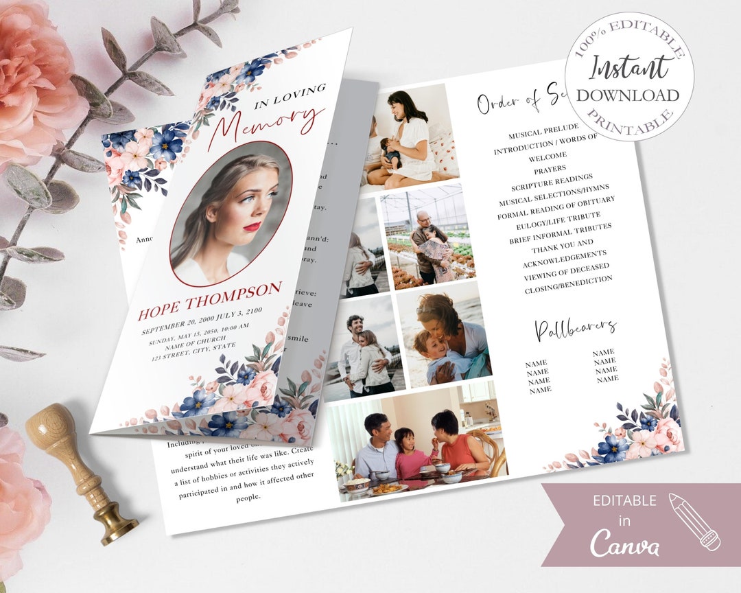 Editable Funeral Program Canva Template | Printable Obituary, Memorial ...