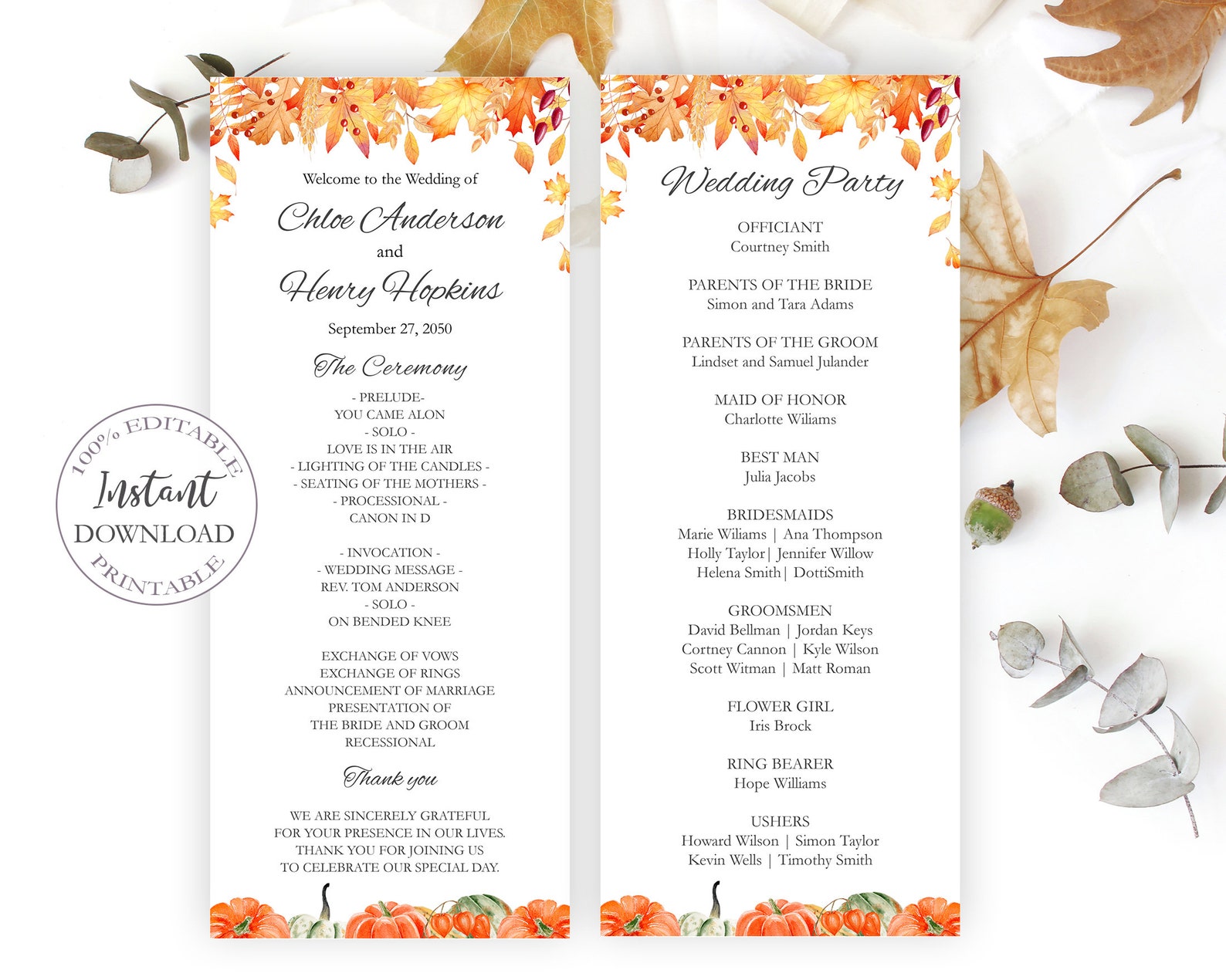 Fall Wedding Program Template Editable Autumn Program Fan - Etsy