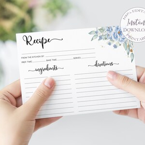 Recipe Cards Printable, Blue Floral Recipe Card Template, Editable ...