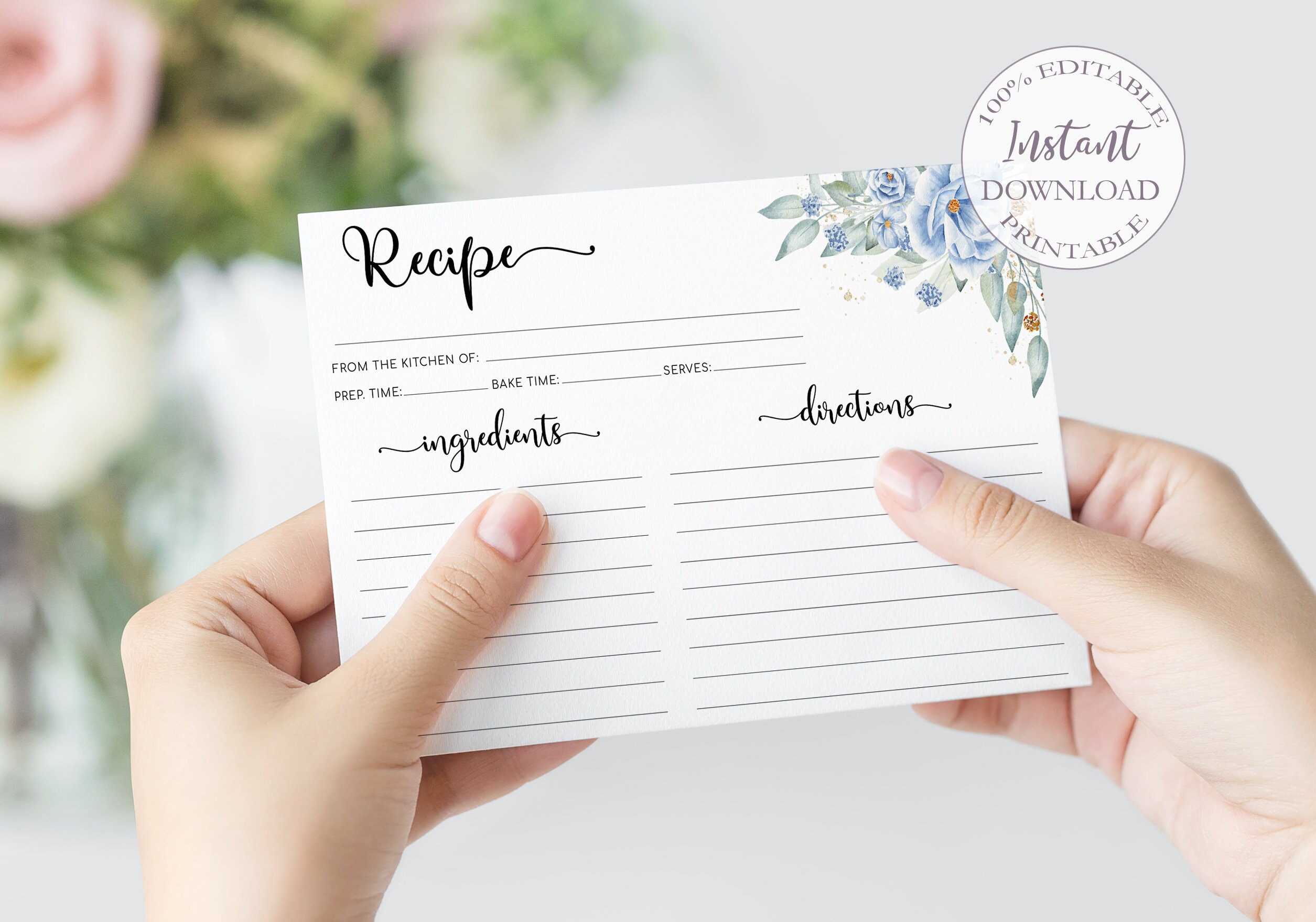 Recipe Cards Printable Blue Floral Recipe Card Template - Etsy
