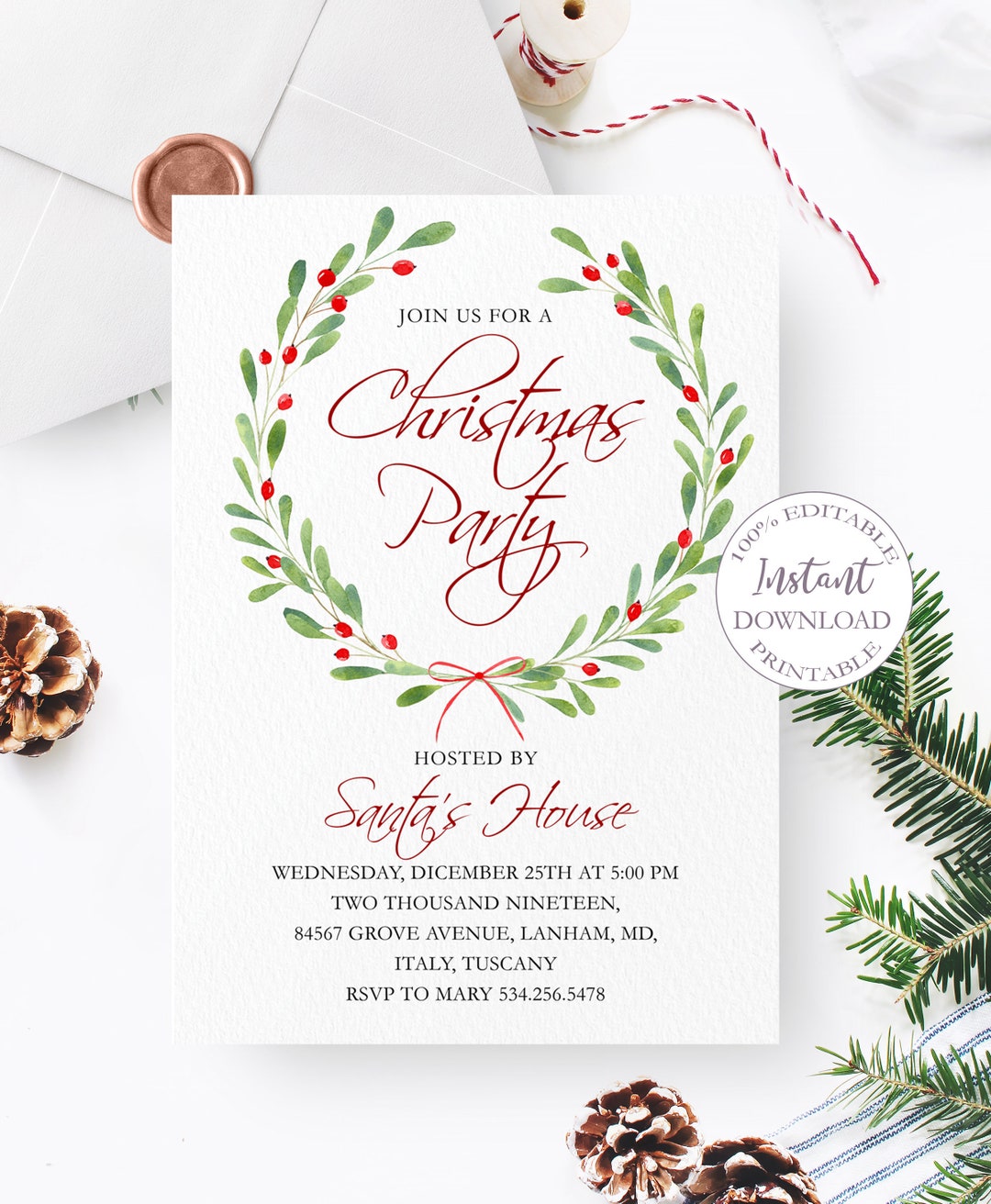 Christmas Party Invitation Template, Printable Xmas Family Reunion ...