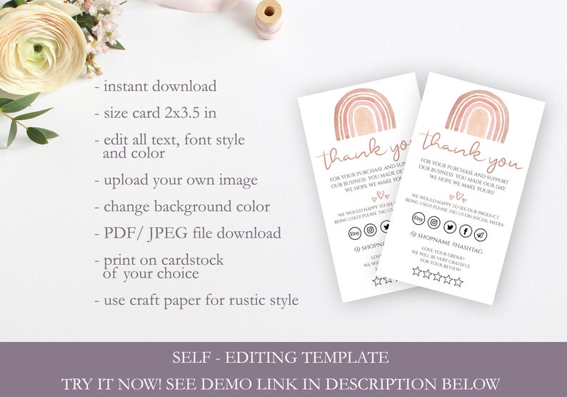 Rainbow Thank You Card Template Editable Watercolor Business | Etsy