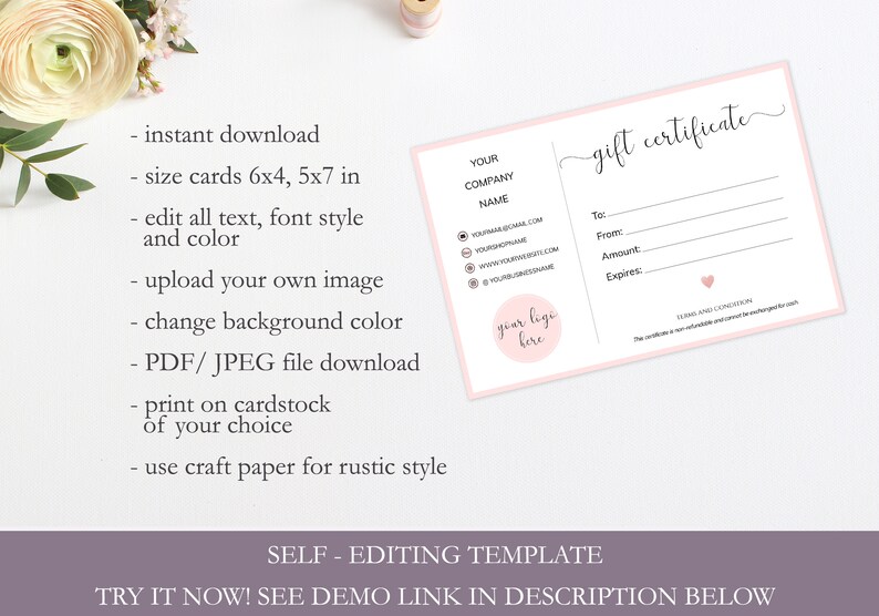 Gift Certificate Template Editable Etsy Gift Card Printable | Etsy