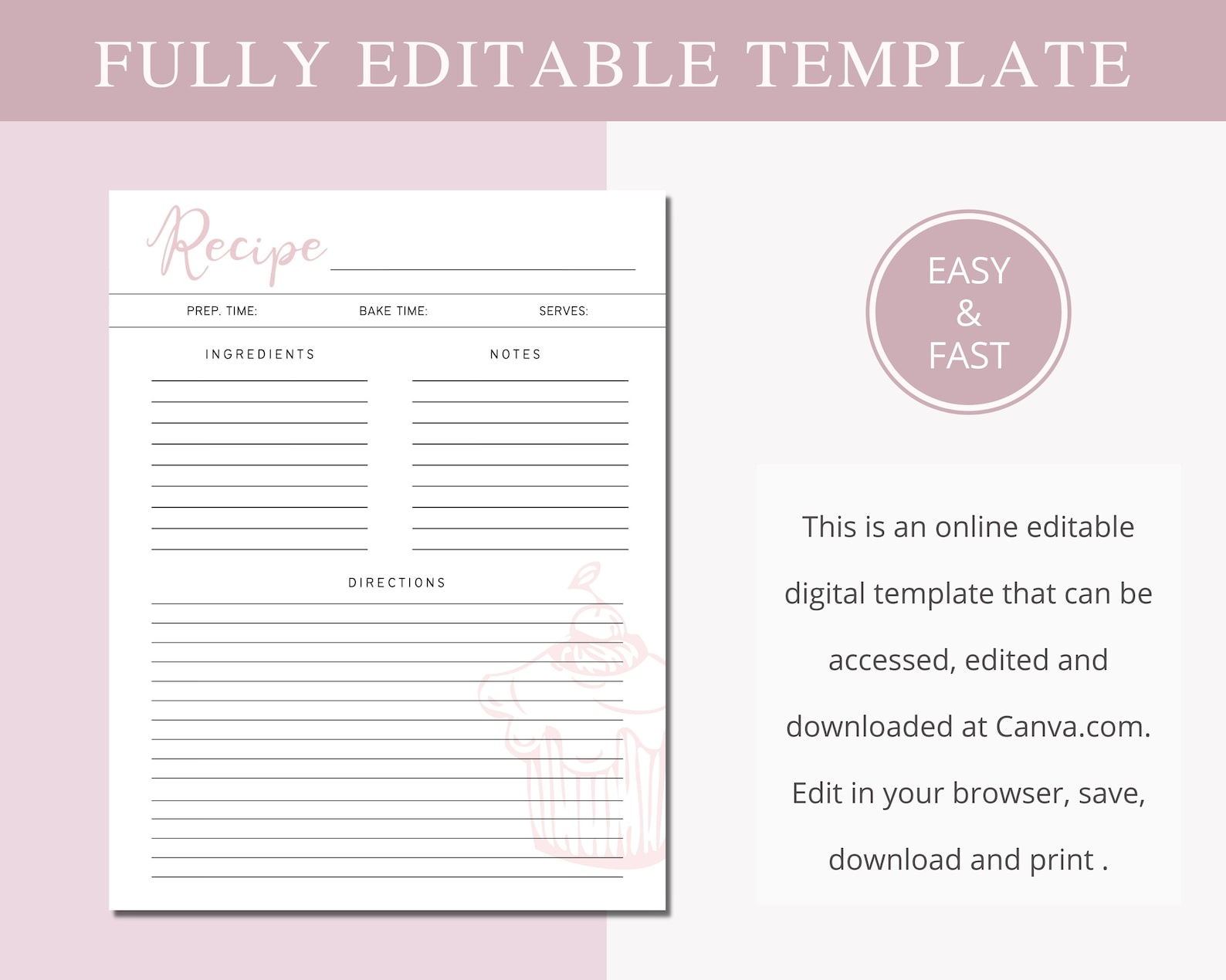 Recipe Card Template Editable Family Recipe Printable Custom | Etsy