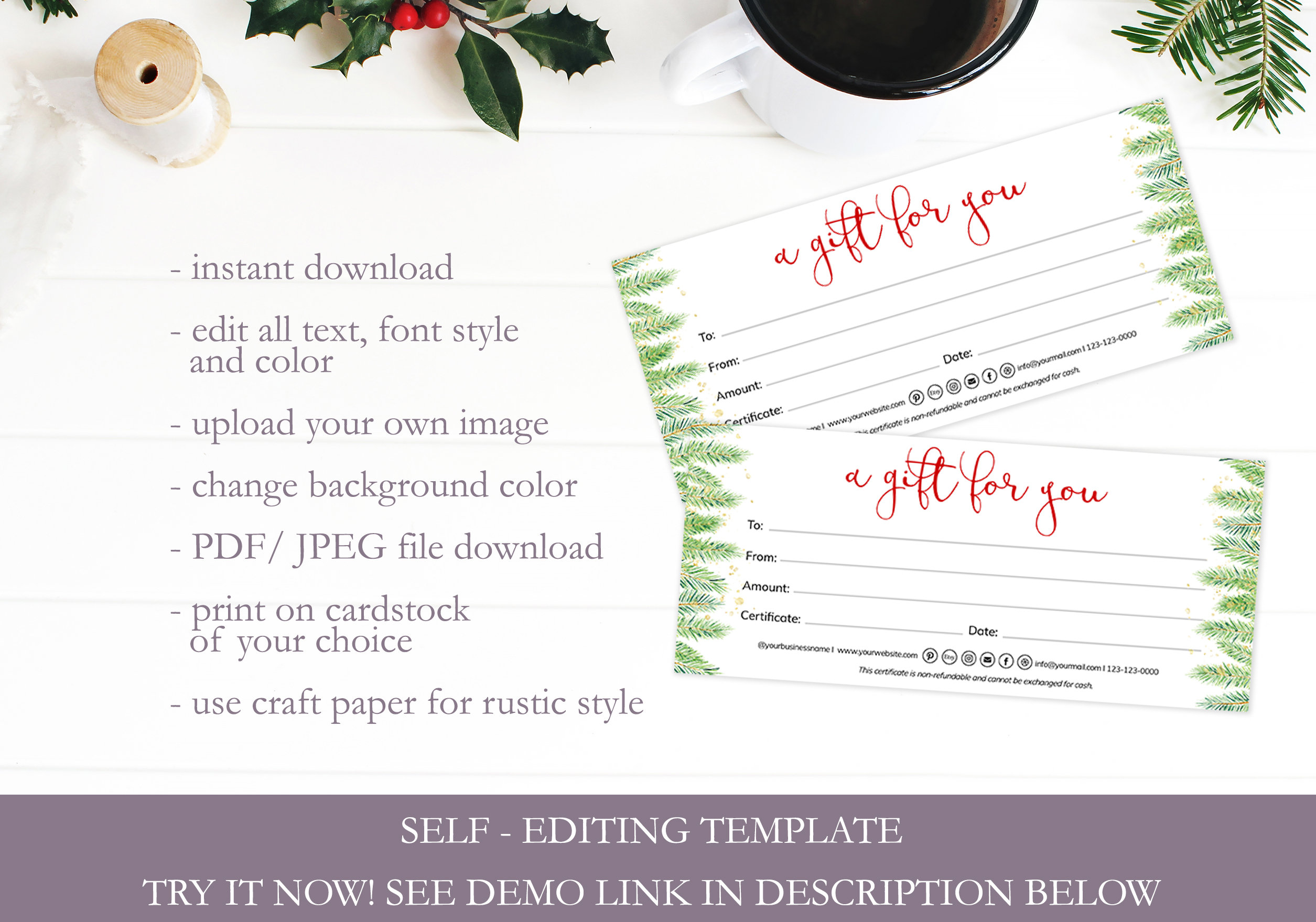 Christmas Gift Certificate Template, Printable Xmas Gift Card Voucher ...