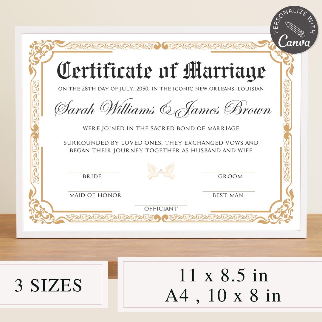 Editable Wedding Certificate Template | Customizable Canva Marriage ...