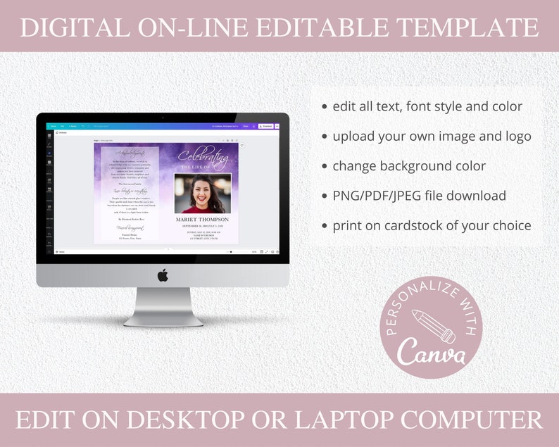 Purple Funeral Program Template Canva Template Printable | Etsy