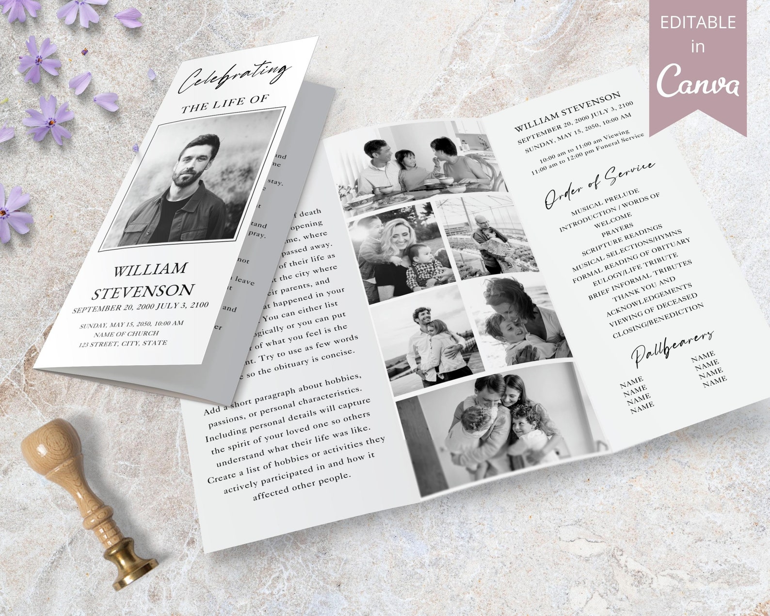 Modern Funeral Program Printable Canva Template Blue and - Etsy