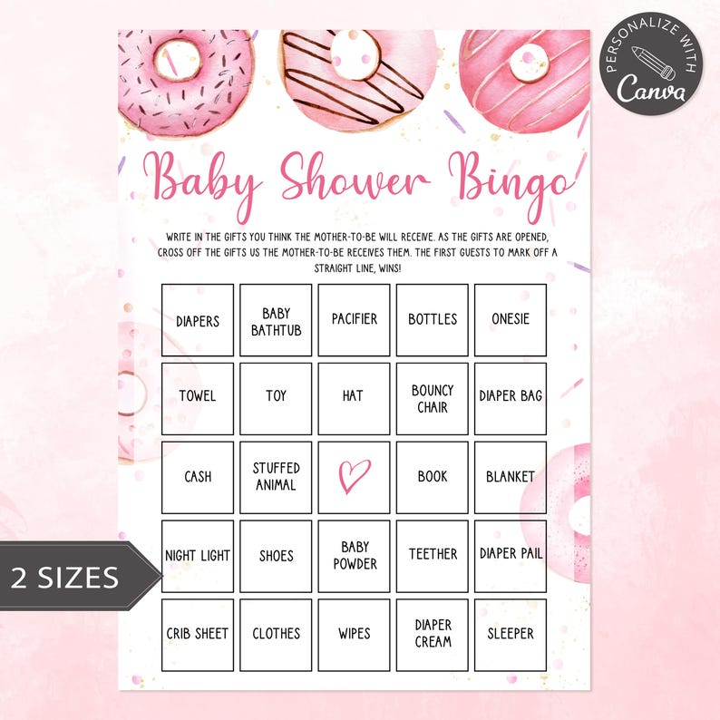 Donut Baby Shower Bingo Canva Template | 50 Fun Baby Shower Game for ...
