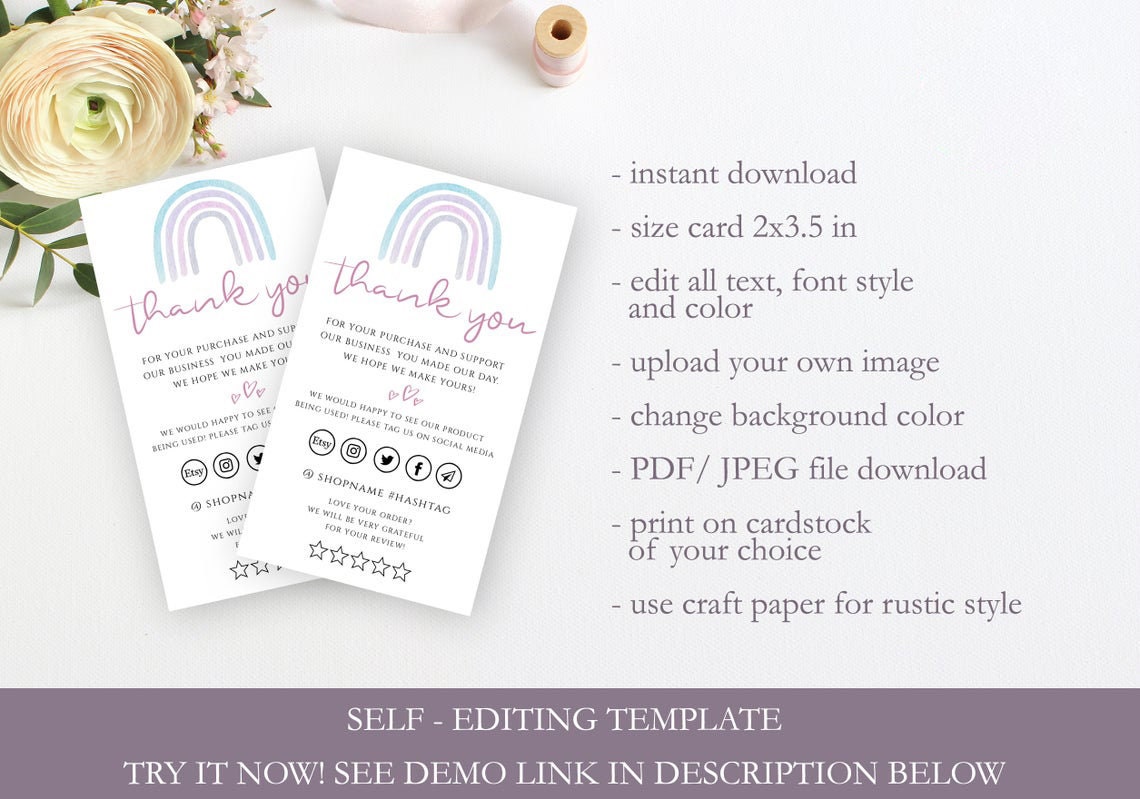 Rainbow Thank You Card Template Editable Seller Thank You - Etsy
