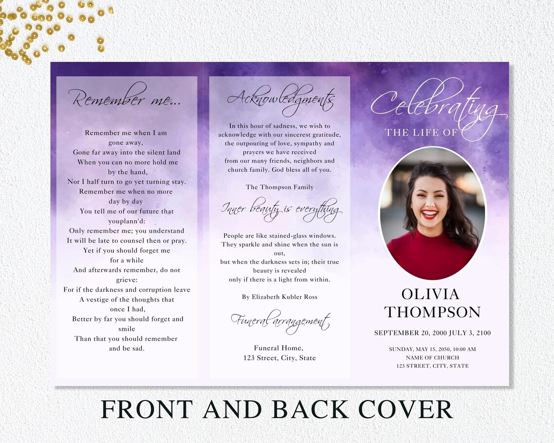 Purple Funeral Program Editable Trifold Funeral Program for - Etsy
