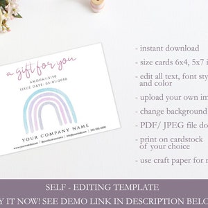 Rainbow Gift Card Template, Small Business Gift Certificate, Printable ...