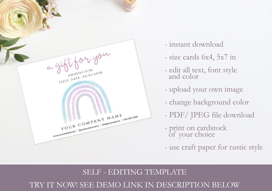 Rainbow Gift Card Template Small Business Gift Certificate | Etsy