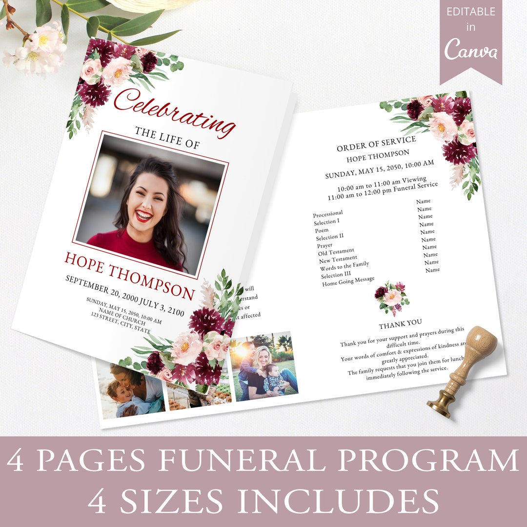 4 Page Funeral Program Template I Canva Template Printable, Celebration ...
