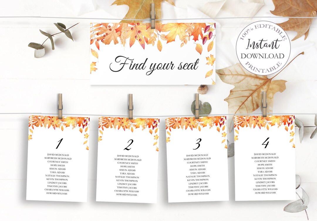 Fall Wedding Seating Chart Template, Thanksgiving Dinner Seating Chart ...