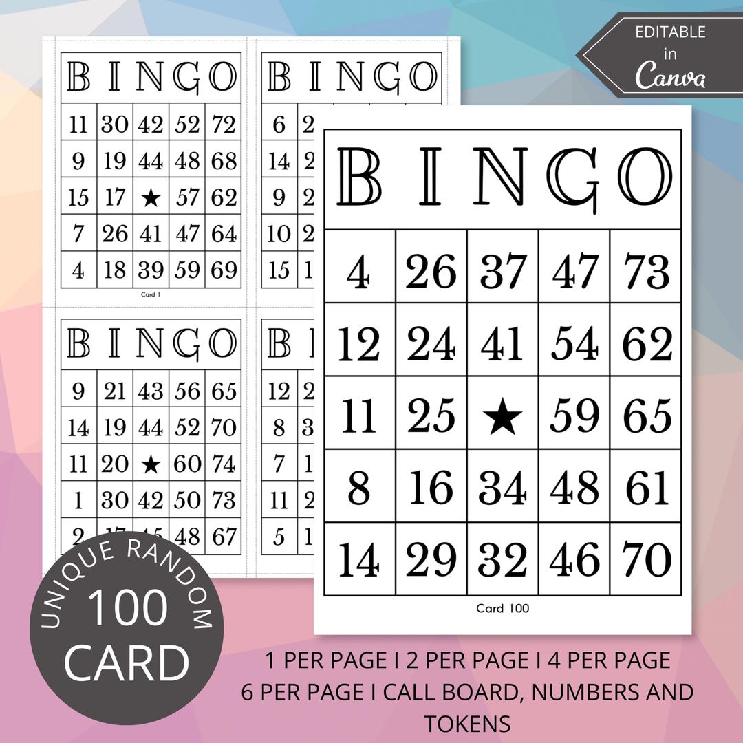 100 Printable Bingo Cards | 1, 2, 4 and 6 per Page, Custom Bingo Card ...