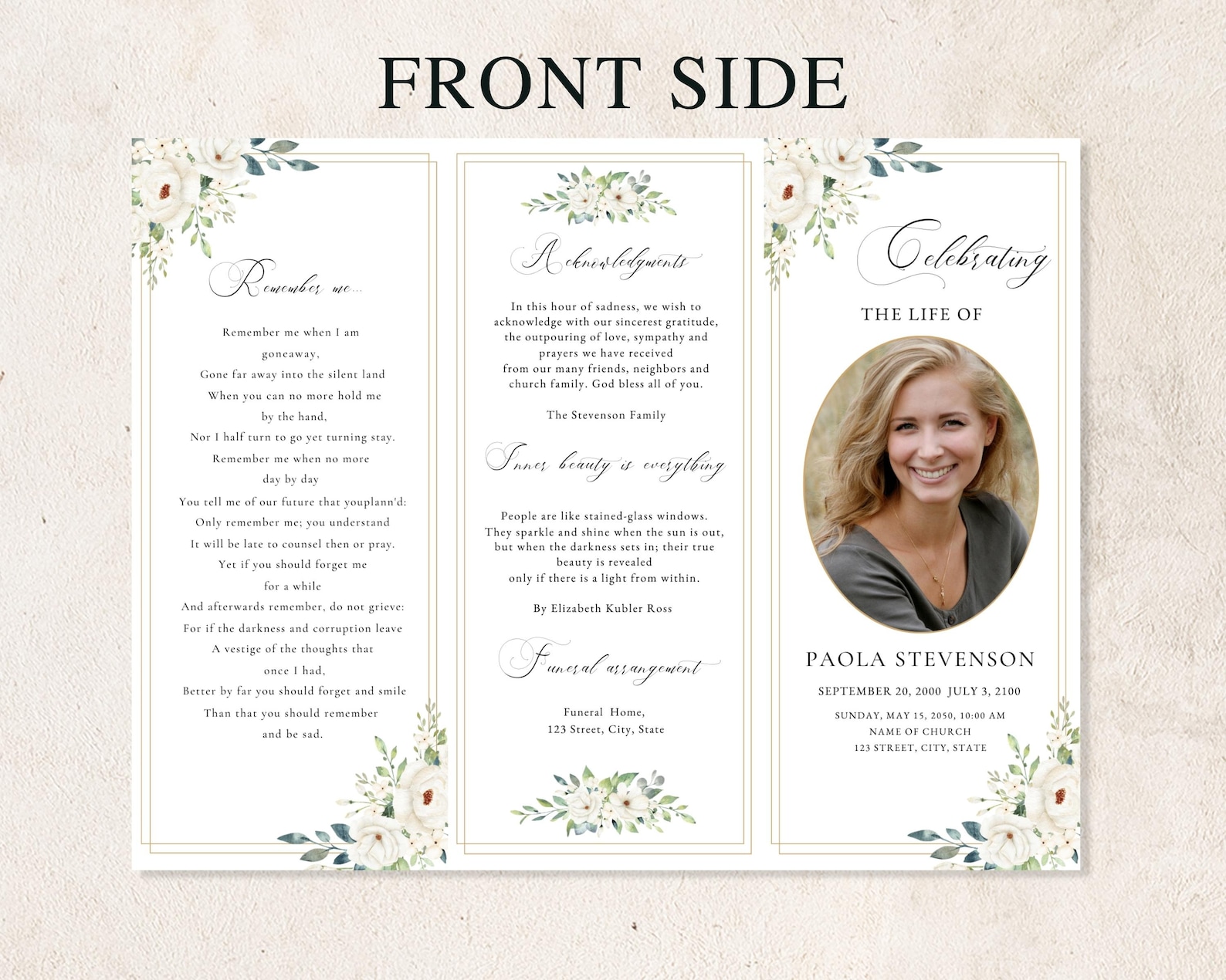 Floral Funeral Trifold Program. Editable Canva Template. Printable Trifold Memorial Program ...