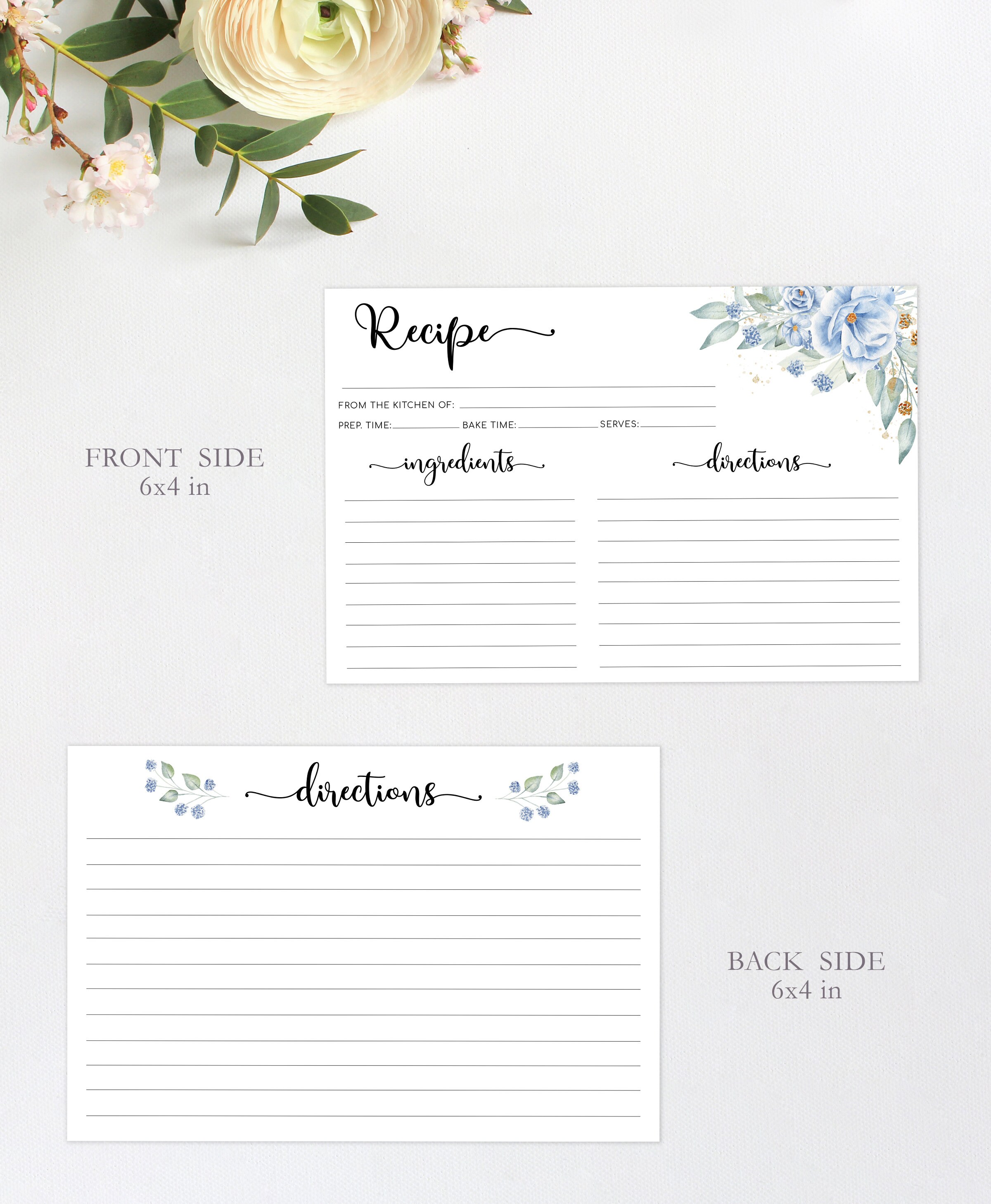 Recipe Cards Printable Blue Floral Recipe Card Template - Etsy