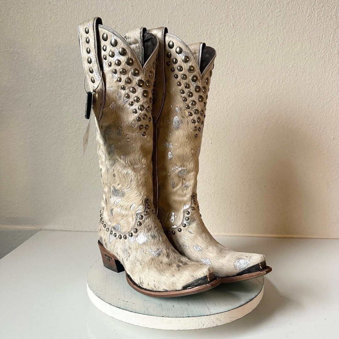 NEW Lane Wild Hair on Hide Cowboy Boots 7.5 Silver Charo Western Studs ...