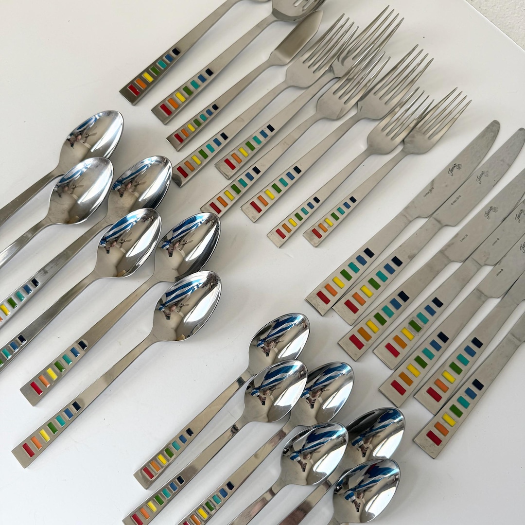 Fiesta CELEBRATION Stainless Steel Flatware 34 Piece Set, Vintage Rainbow Fiesta Silverware ...