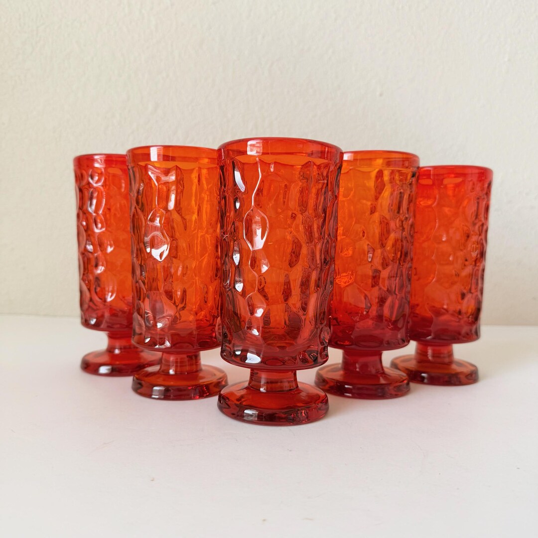 Fostoria Pebble Beach Flaming Orange Water Goblets, Set of 5 Vintage ...