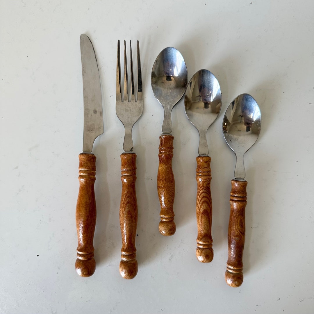 5 Piece Vintage Lifetime Cutlery Wooden Handled Stainless Steel ...