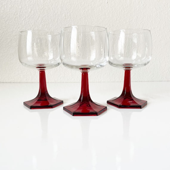 Luminarc Red Stem Wine Glasses Set Of 3 Vintage Red Stemmed Etsy Uk
