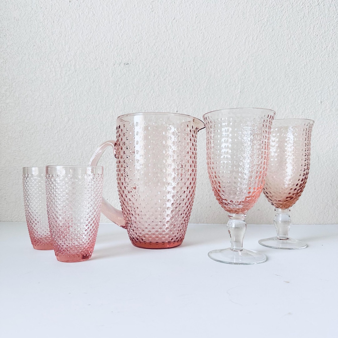 Set of Large Pink Iced Tea Glasses and Matching Pitcher, Tall Footed ...