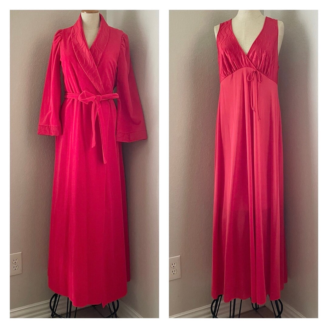 Vintage Red Peignoir Set, Long Chiffon Nightgown & Robe, Mid Century ...