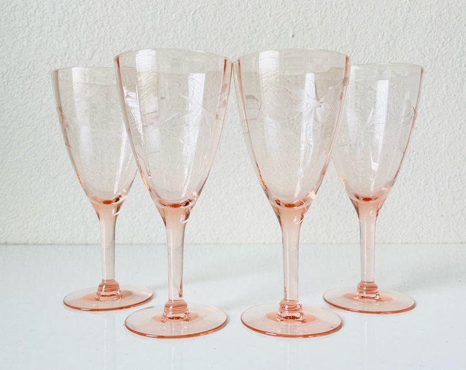 4 - Pink Depression Wine Glasses 7" Tall, Matching Pink Floral Stemware ...