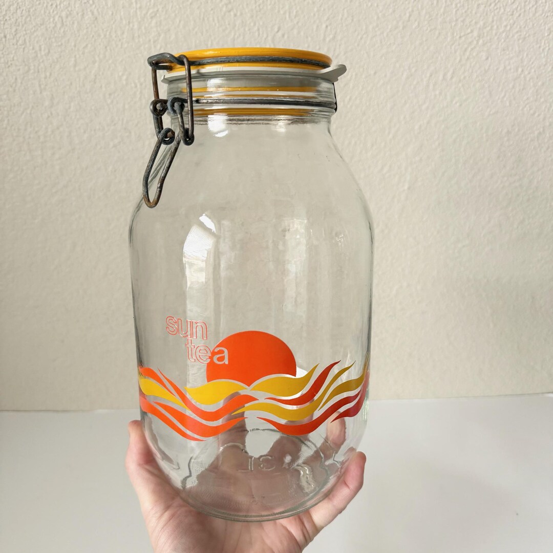 Vintage 3L Sun Tea Glass Jar Canister Yellow Lid, 3 Liter Sun Tea Jar ...