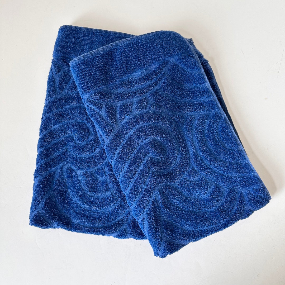 2 Vintage Blue Jacquard Pattern Towels, Martex Jewel Toned Hand Towels, Mid Century Modern Style ...