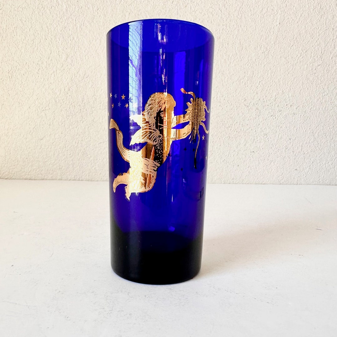 One Mid Century CULVER ANGELS Cobalt Blue Highball Glass 22K Gold ...