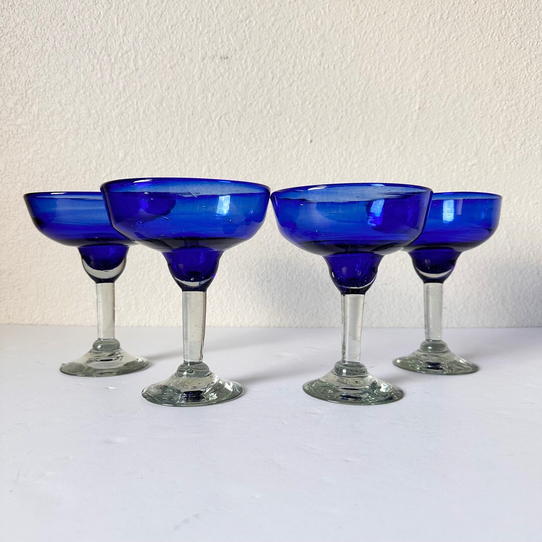 Vintage Blue Margarita Glasses, Mexican Blue Glassware, Set of 4 ...