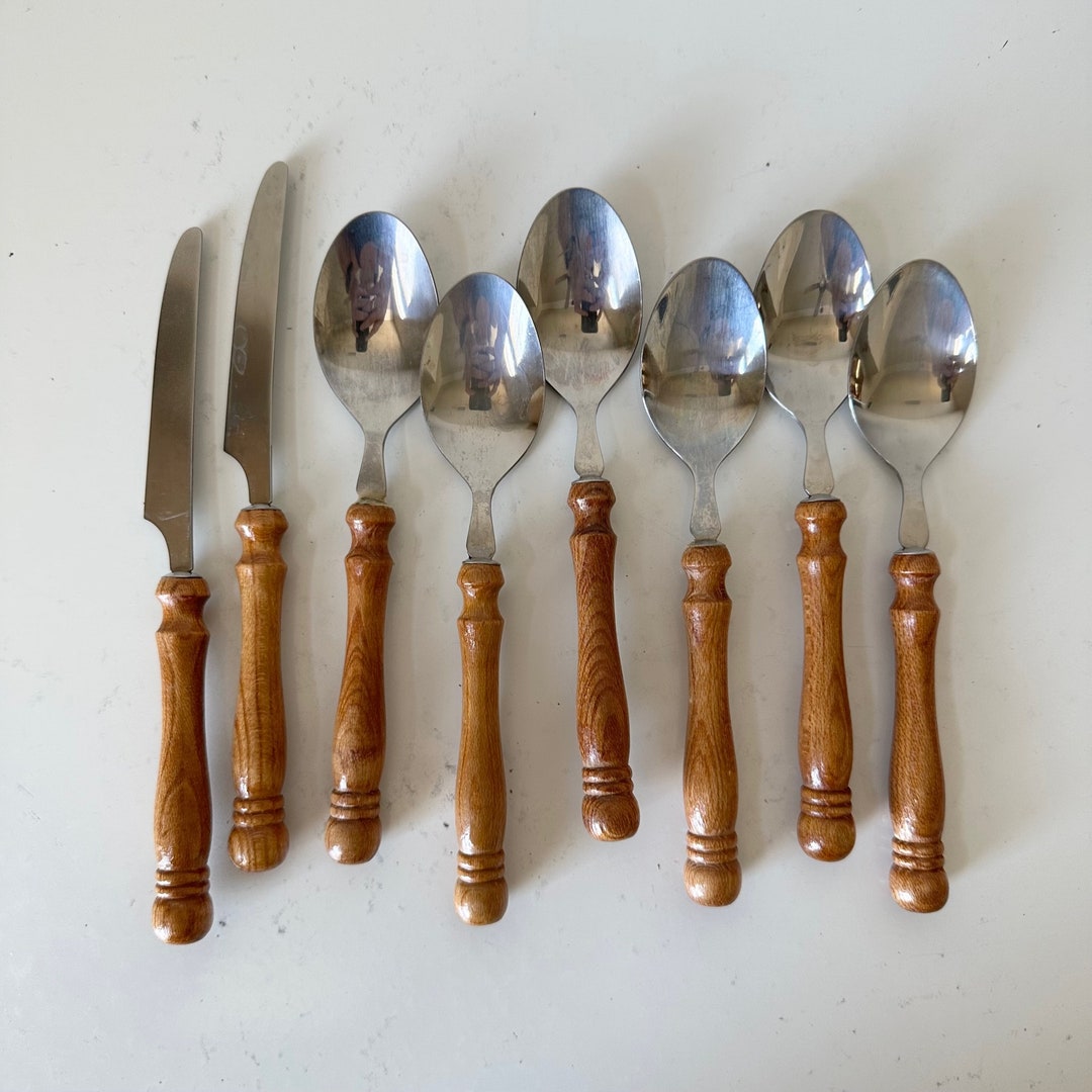 8 Piece Vintage Wooden Stainless Steel Flatware Set, Sir Lawrence ...