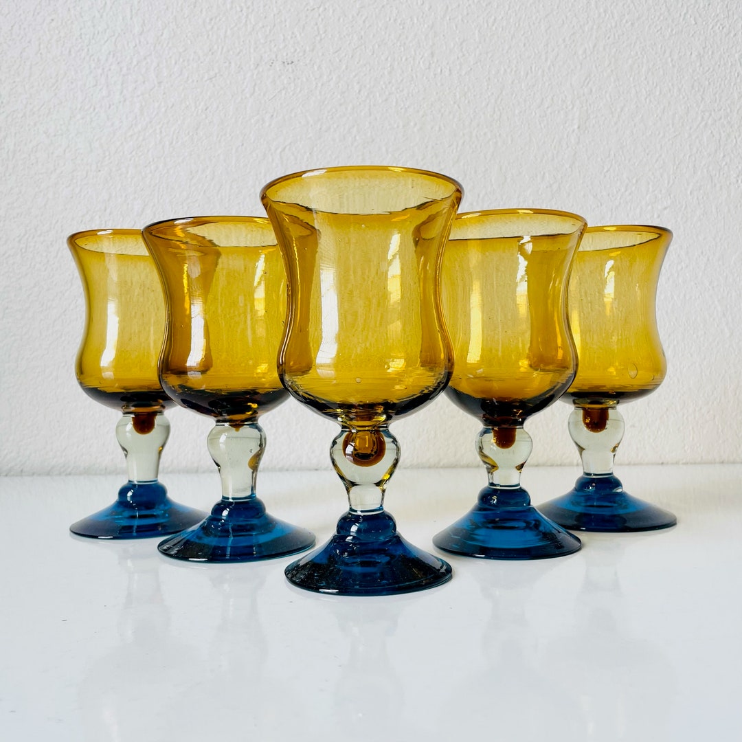 5 Mexican Amber Glassware Goblets Vintage Handblown Blue Stemmed ...