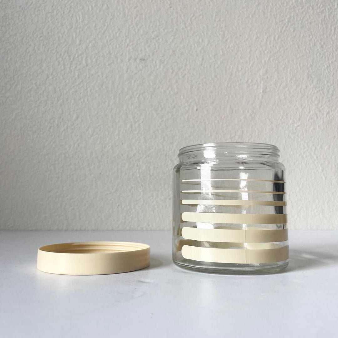 Vintage Lidded Glass Container 24 Oz, 70s Cream Striped Screw Top Glass ...
