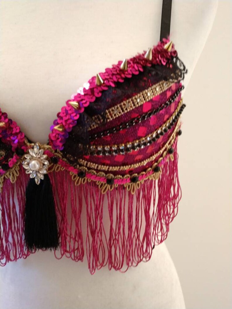 Pink, Black, and Gold Fringed Bra - Etsy
