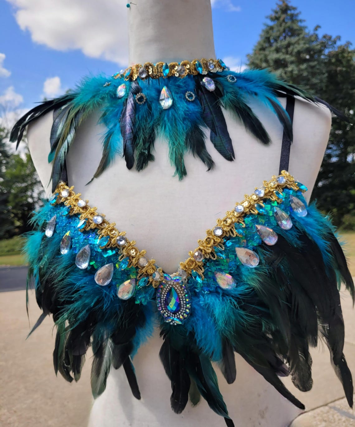 A Turquoise and Gold Feathered Rave Bra and Choker, Rhinestone ...