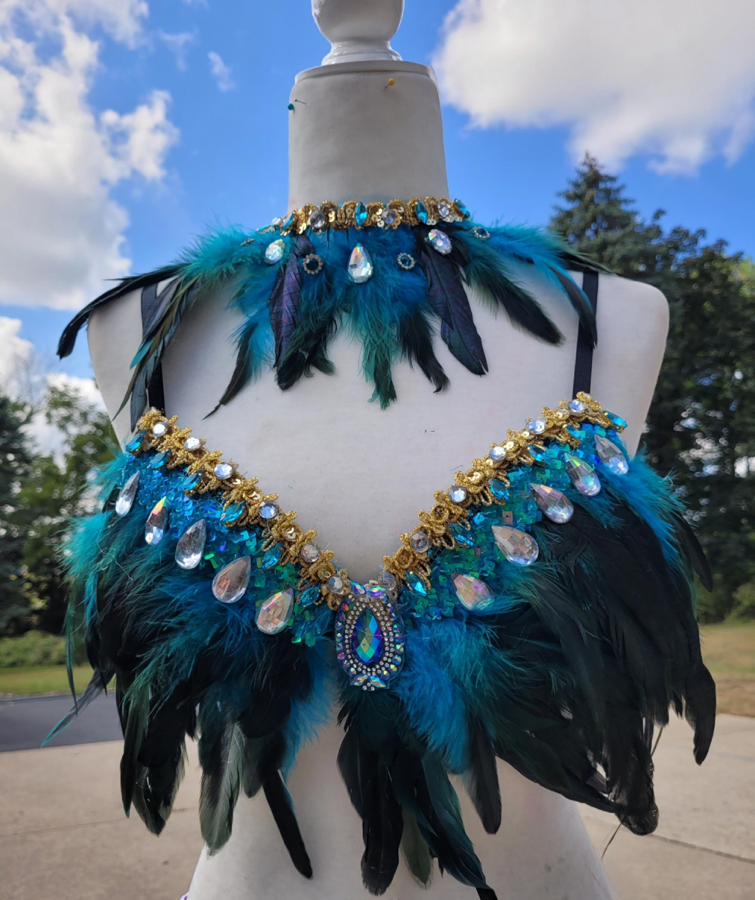 A Turquoise and Gold Feathered Rave Bra and Choker, Rhinestone ...